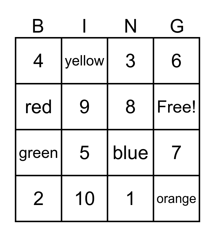 Numbers & Colours Bingo Card