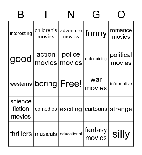 Movie Genres Bingo Card Movie Genres Bingo Card
