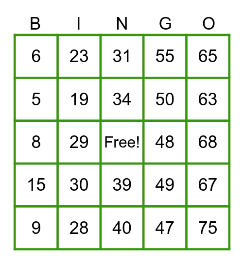 Number Bingo 1-75 Bingo Card