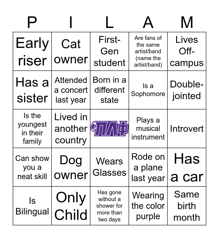 Catch "PILAM" Bingo Card