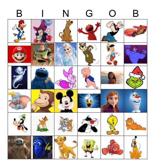 Cartoon Characters Shuffle Bingo Card