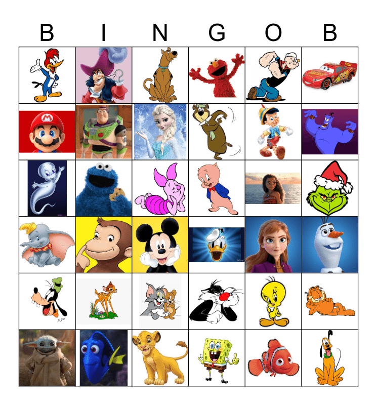 Cartoon Characters Shuffle Bingo Card