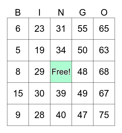 Number Bingo 1-75 Bingo Card