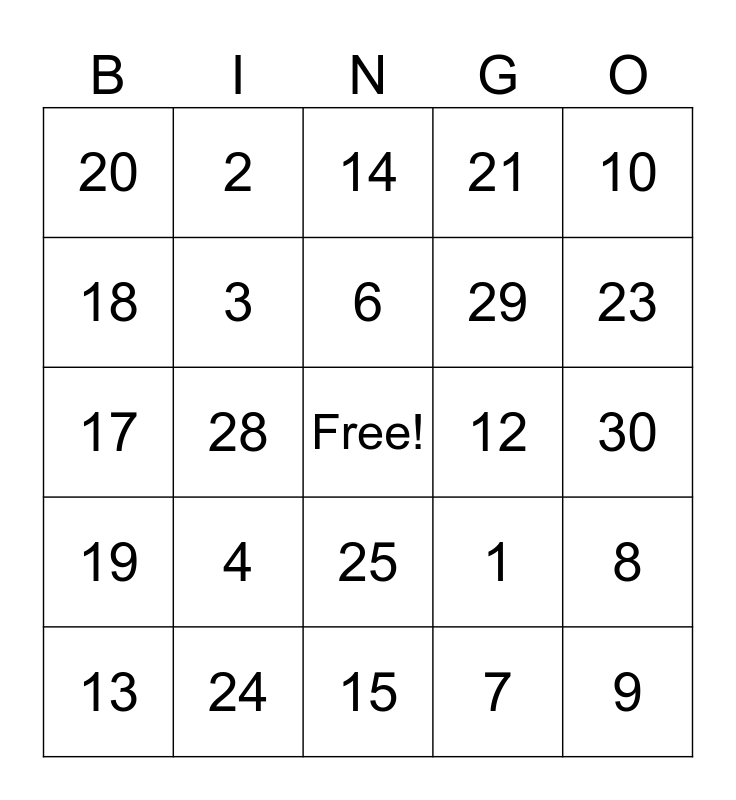 1-30 Bingo Card
