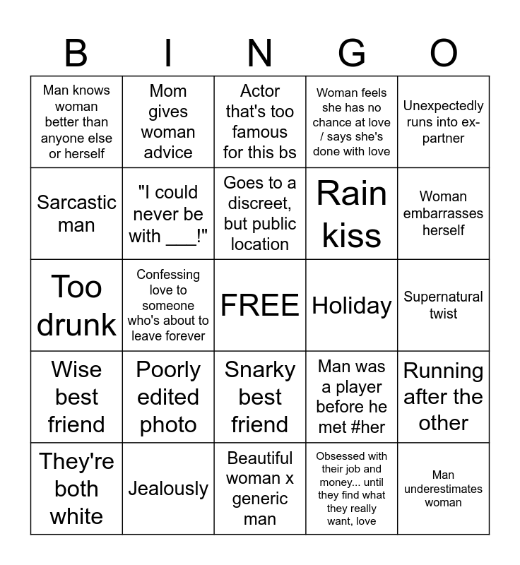 Bad Romcom Bingo Card