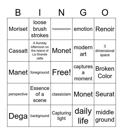 Elements of Impressionism Bingo Card
