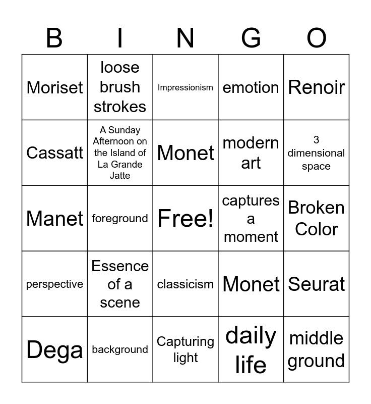 Elements of Impressionism Bingo Card