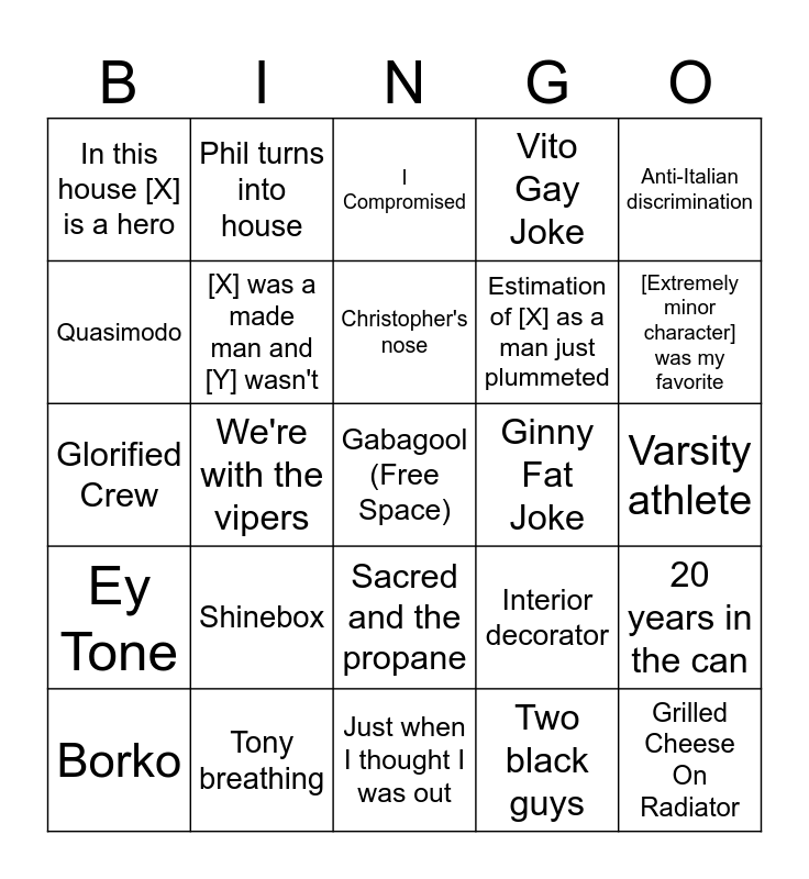 Sopranos Comment Section Bingo Card