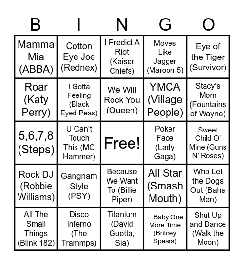 Sing Along Bingo Card