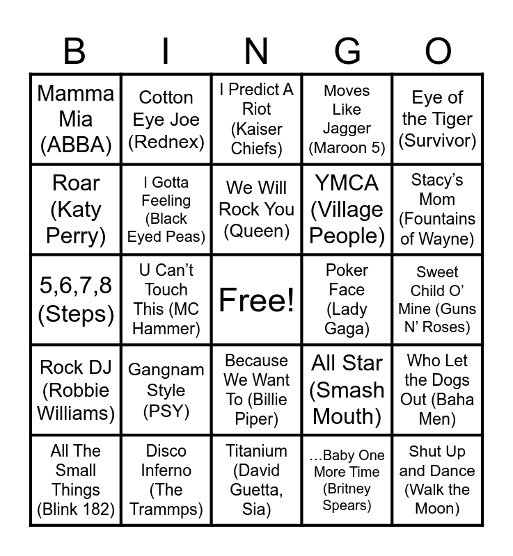 Sing Along Bingo Card