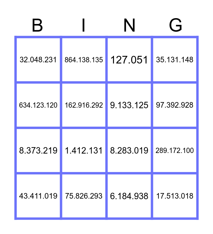 Bingo tot 1.000.000.000 Bingo Card