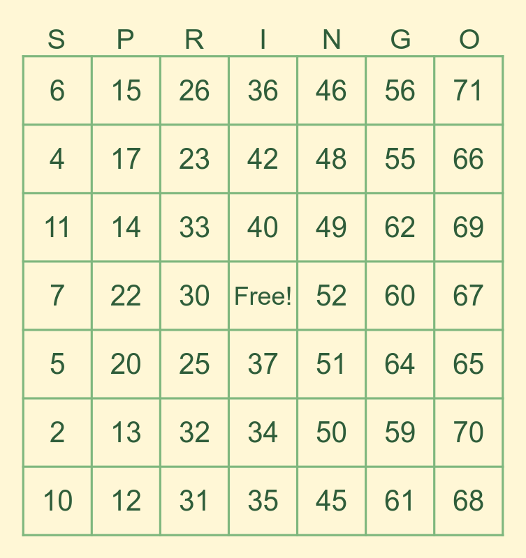 SPRINGO Bingo Card
