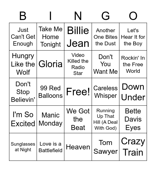MM 80's #2 Bingo Card