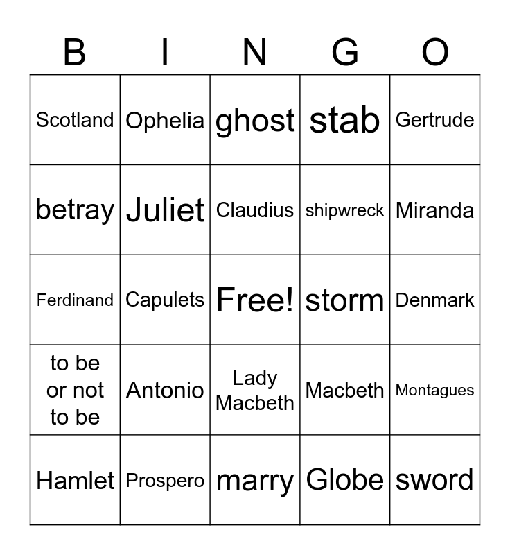 Hamlet, Romeo and Juliet, Tempest and Macbeth Bingo Card