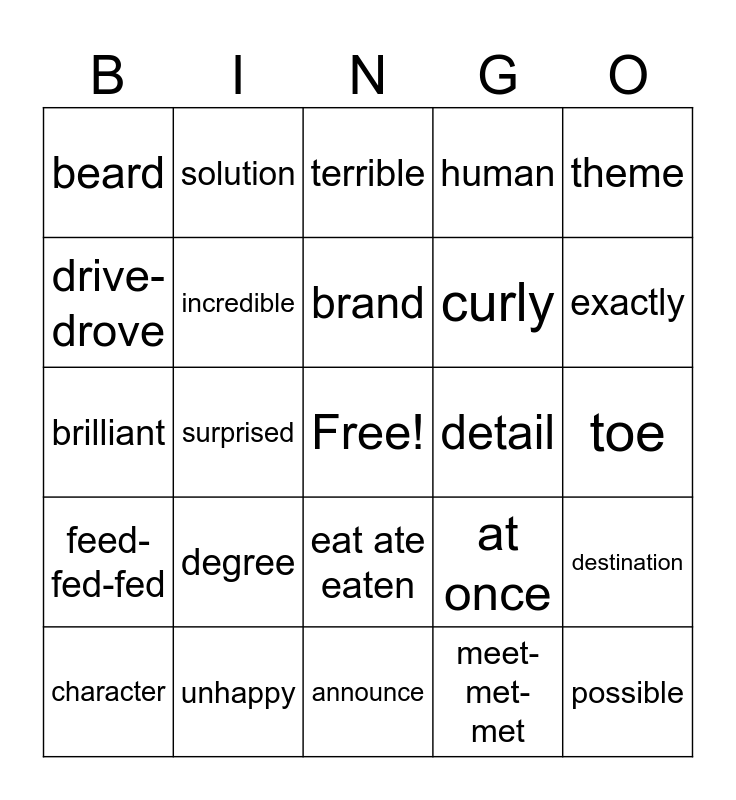 unit 5 2BK Bingo Card
