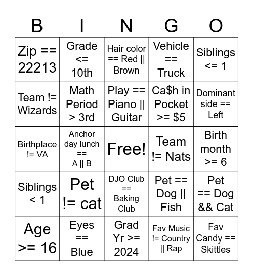 Boolean Bingo Card