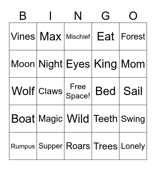 Wild Things Bingo Card