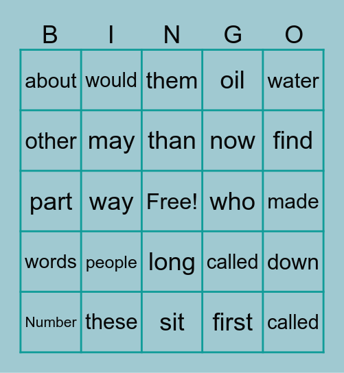 Sight Words Bingo Card