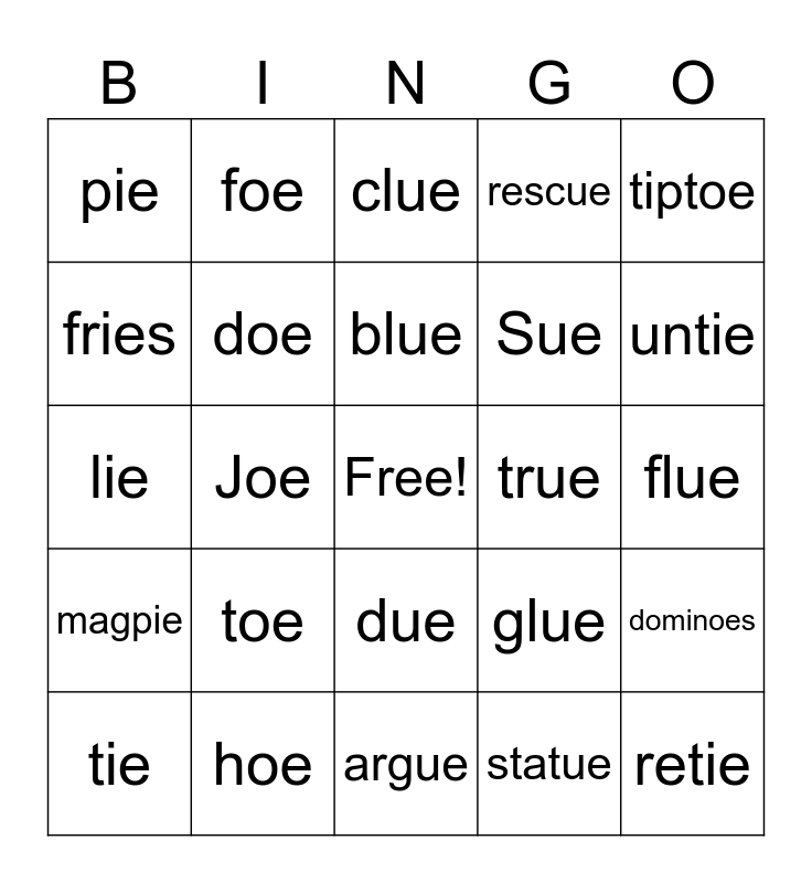 ie, oe, ue BINGO Card