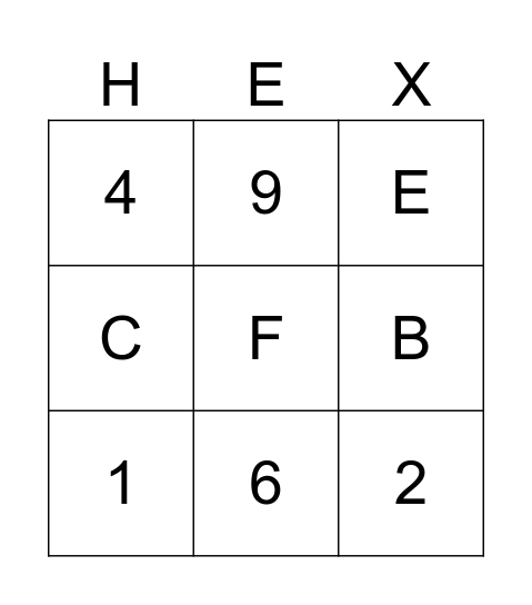 HEXADECIMAL Bingo Card