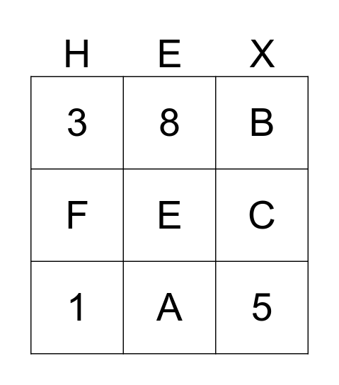 HEXADECIMAL Bingo Card