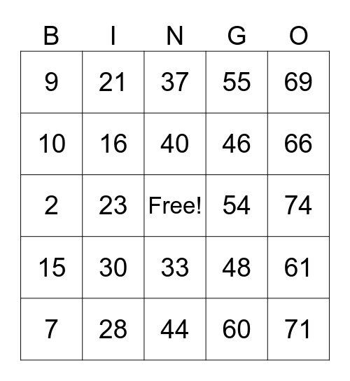 Card 1 Bingo Numbers 1-75 Bingo Card