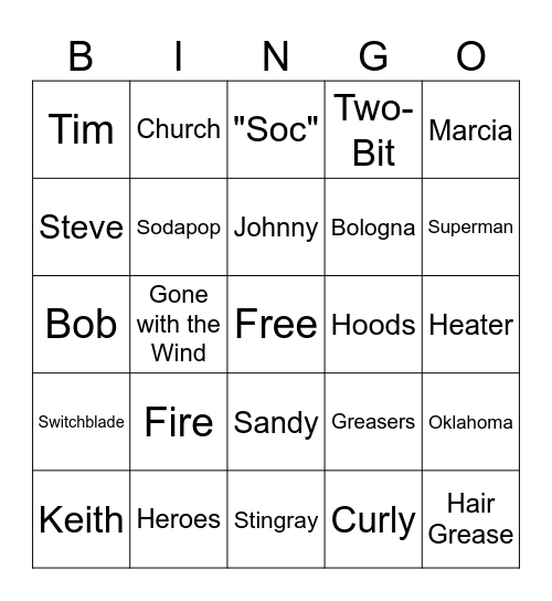 The Outsiders Bingo Card