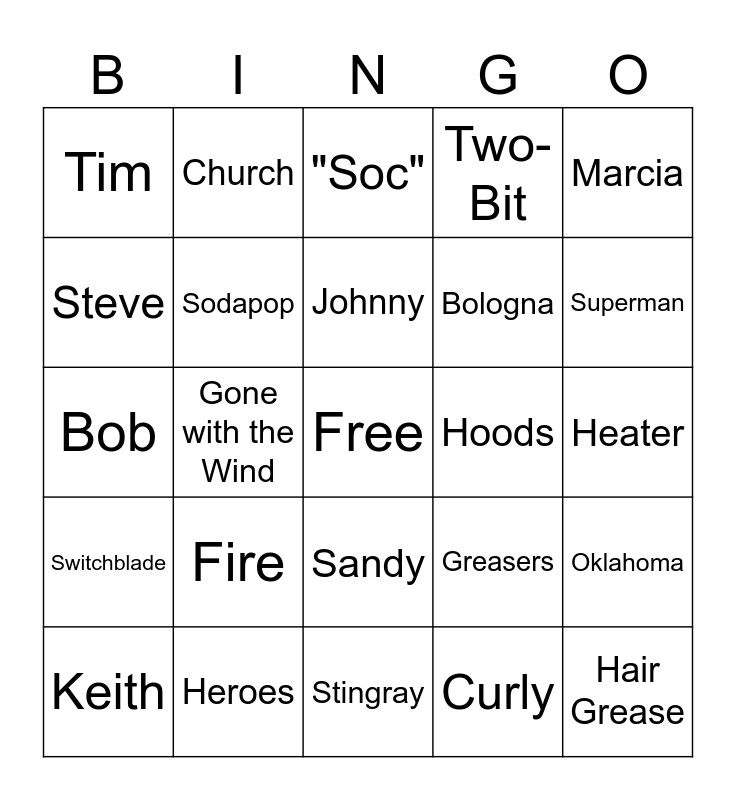 The Outsiders Bingo Card