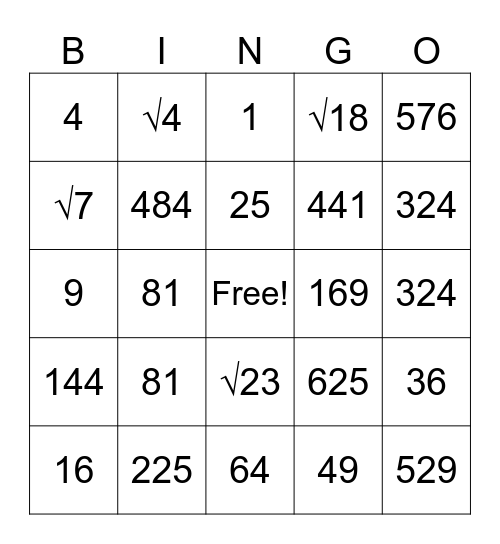 Squares and Cubes Bingo Card