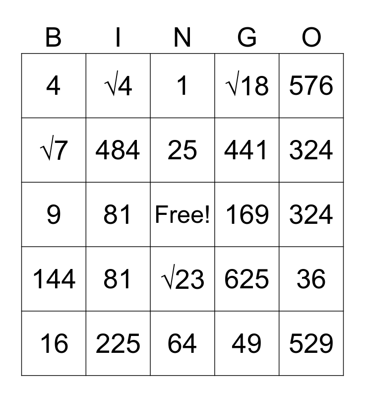 Squares and Cubes Bingo Card
