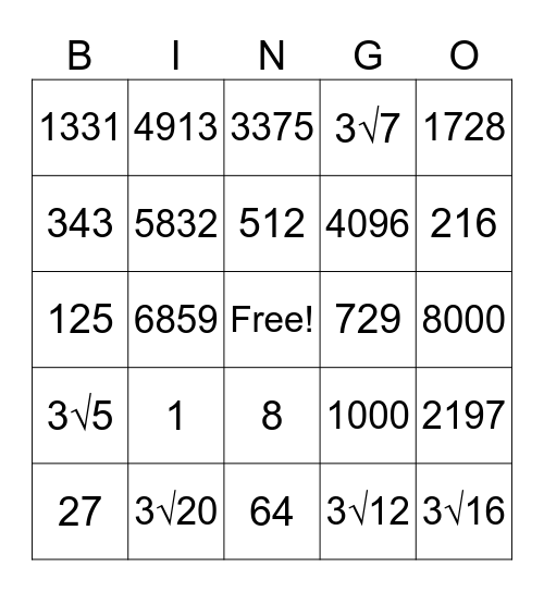 Cube Roots Bingo Card