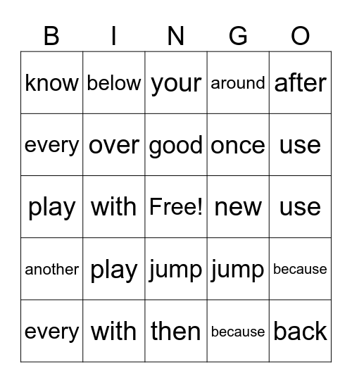 High Frequency Words Bingo Card
