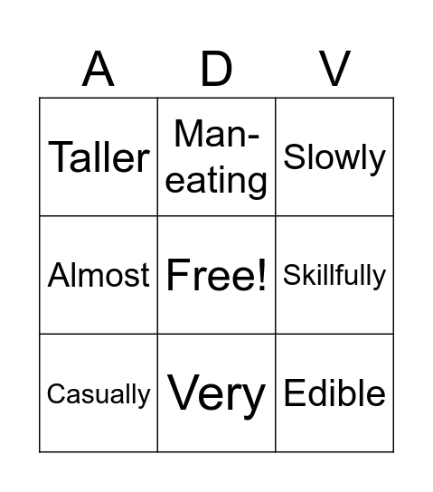 Adjective & Adverb Review Bingo Card
