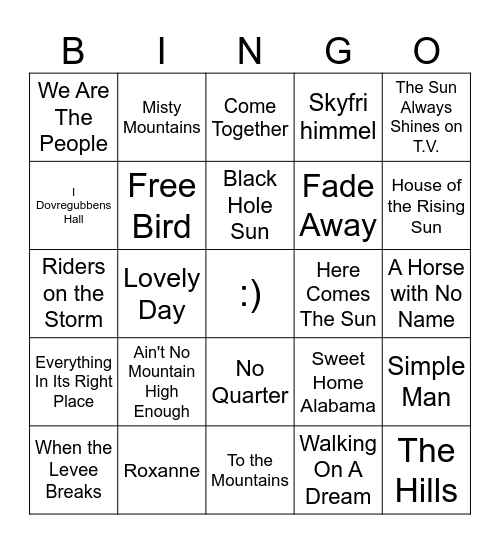 Over the hills and far away Bingo Card