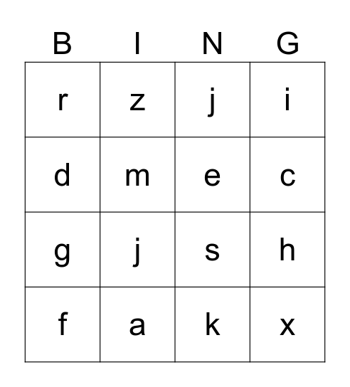 Lower Case Alphabet Bingo Card