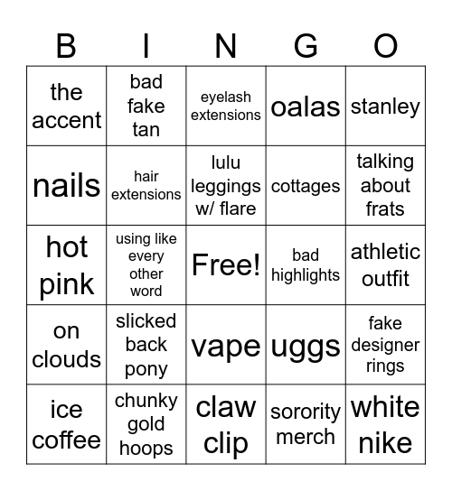 Basic White Girl Bingo Card