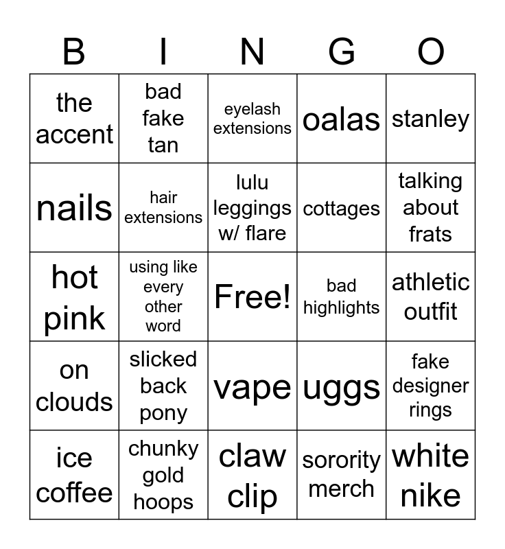 Basic White Girl Bingo Card