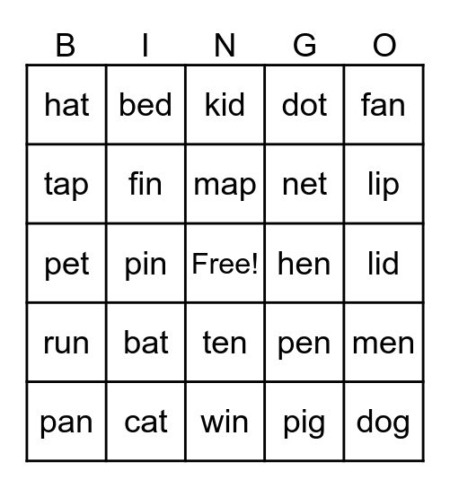 CVC Word Bingo Card