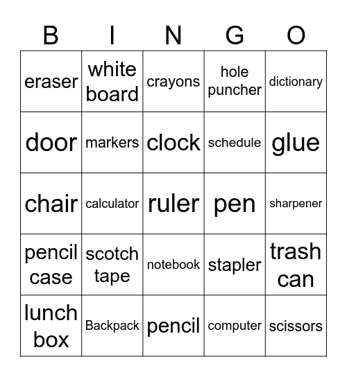 Classroom Objects Bingo Card