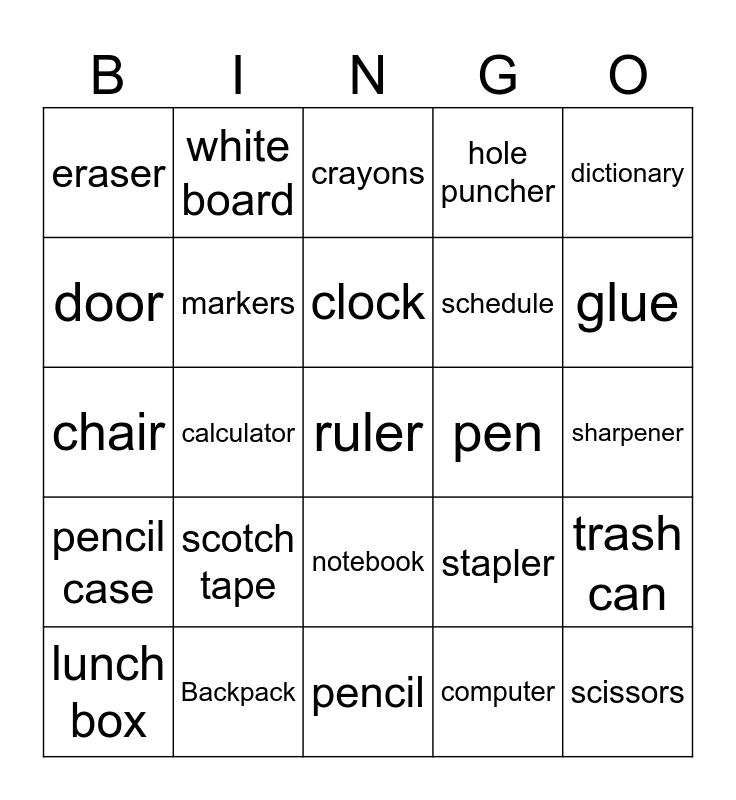 Classroom Objects Bingo Card