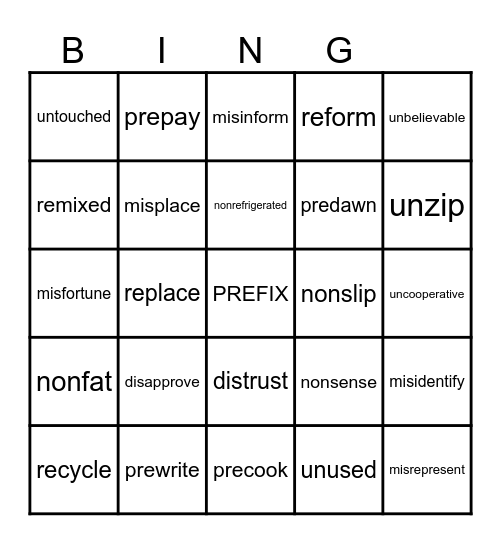 Common Prefixes Bingo Card
