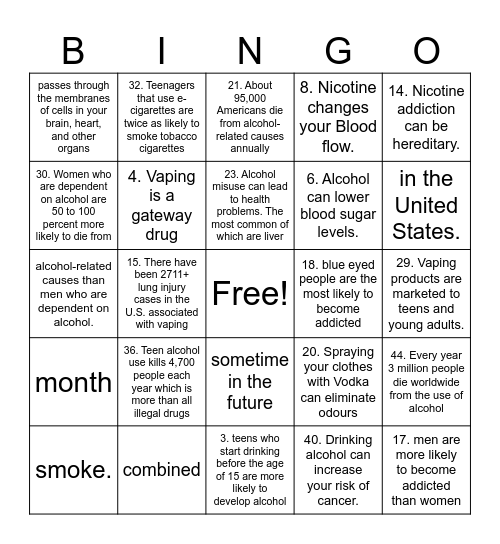 Alcohol and Nicotine Facts Bingo Card