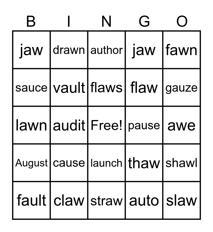 AU AW Words Bingo Card