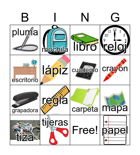 Útiles escolares Bingo Card