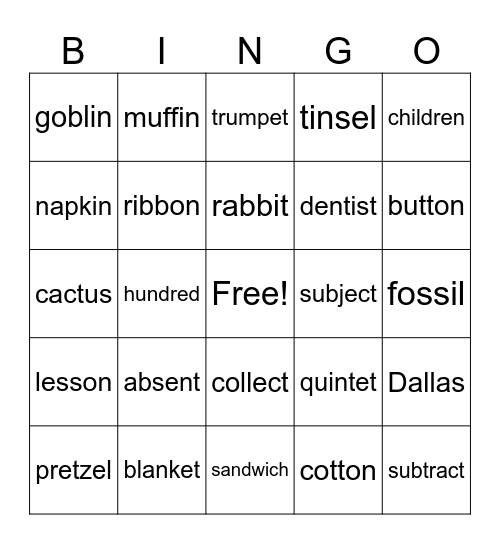Closed Syllable Bingo Card