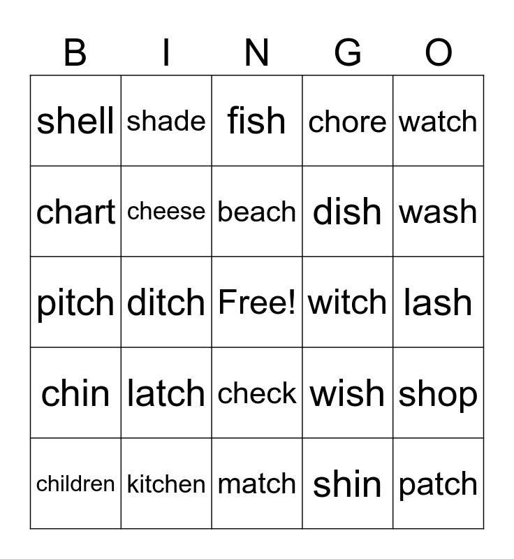 "ch", "tch", and "sh" sounds Bingo Card