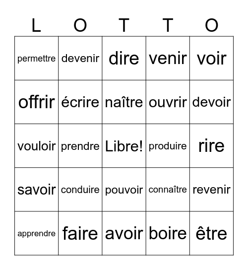 Les participes passés irréguliers Bingo Card