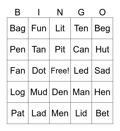 CVC Word Bingo Card