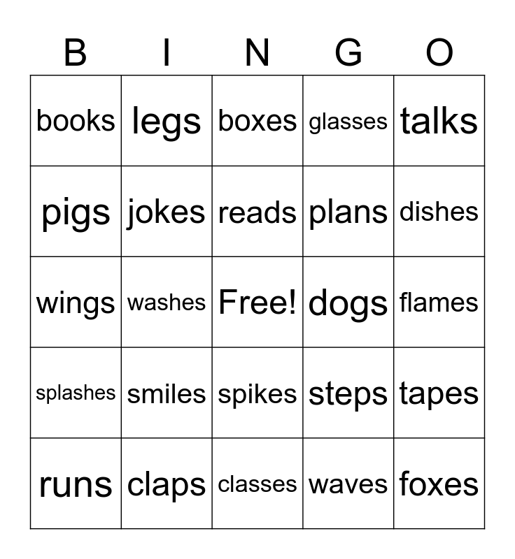 Inflected Endings Bingo Card