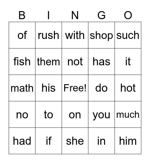 Sight Words Bingo Card